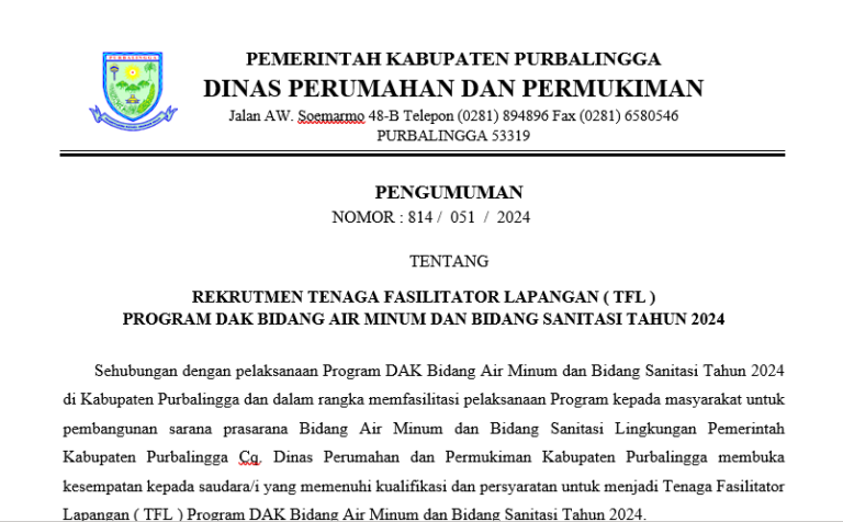 REKRUTMEN TENAGA FASILITATOR LAPANGAN ( TFL ) PROGRAM DAK BIDANG AIR MINUM DAN BIDANG SANITASI ...